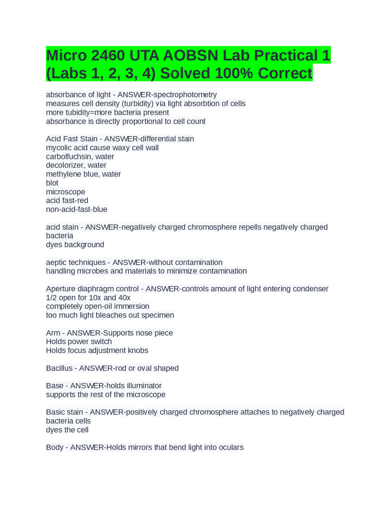 Microbiology Lab Practical 1: Solved Exercises and Definitions | Exams ...