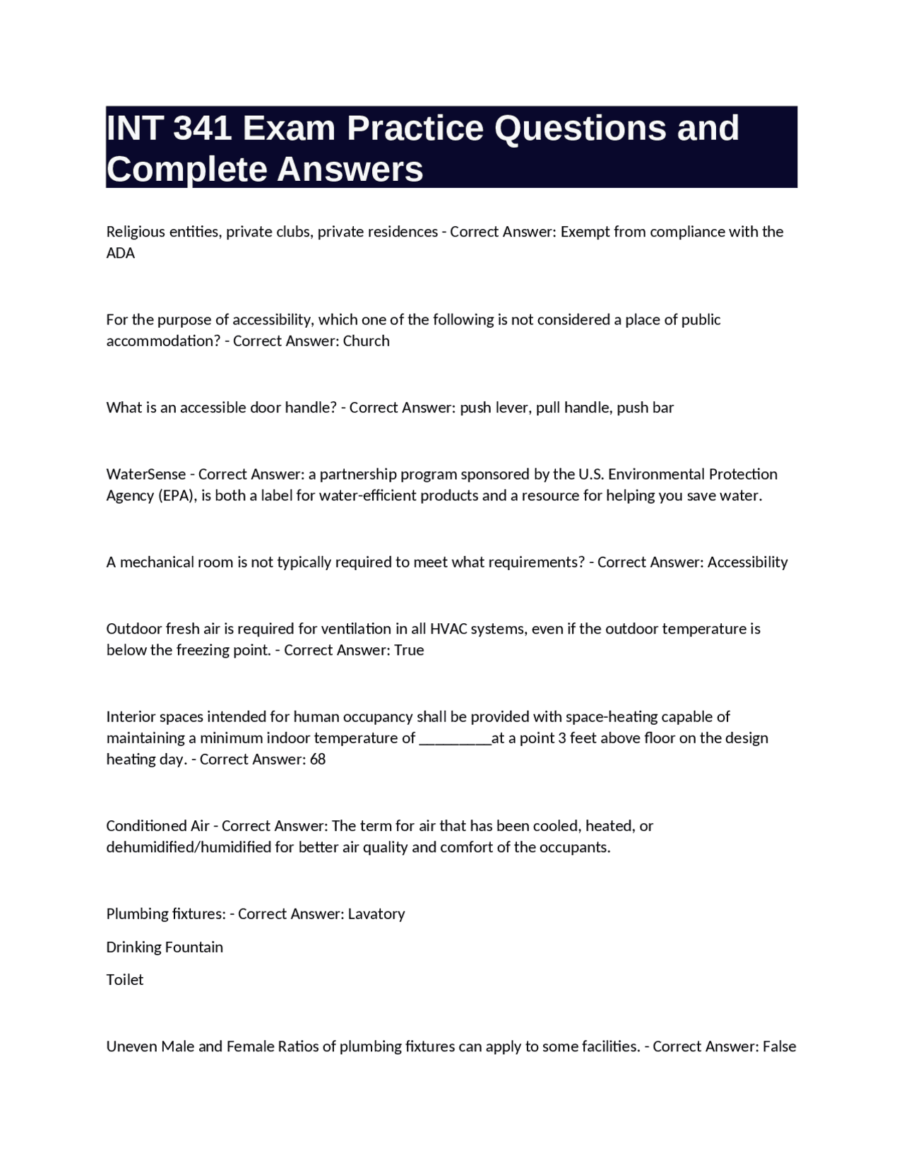 INT 341 Exam Practice Questions and Complete Answers: Building Codes ...