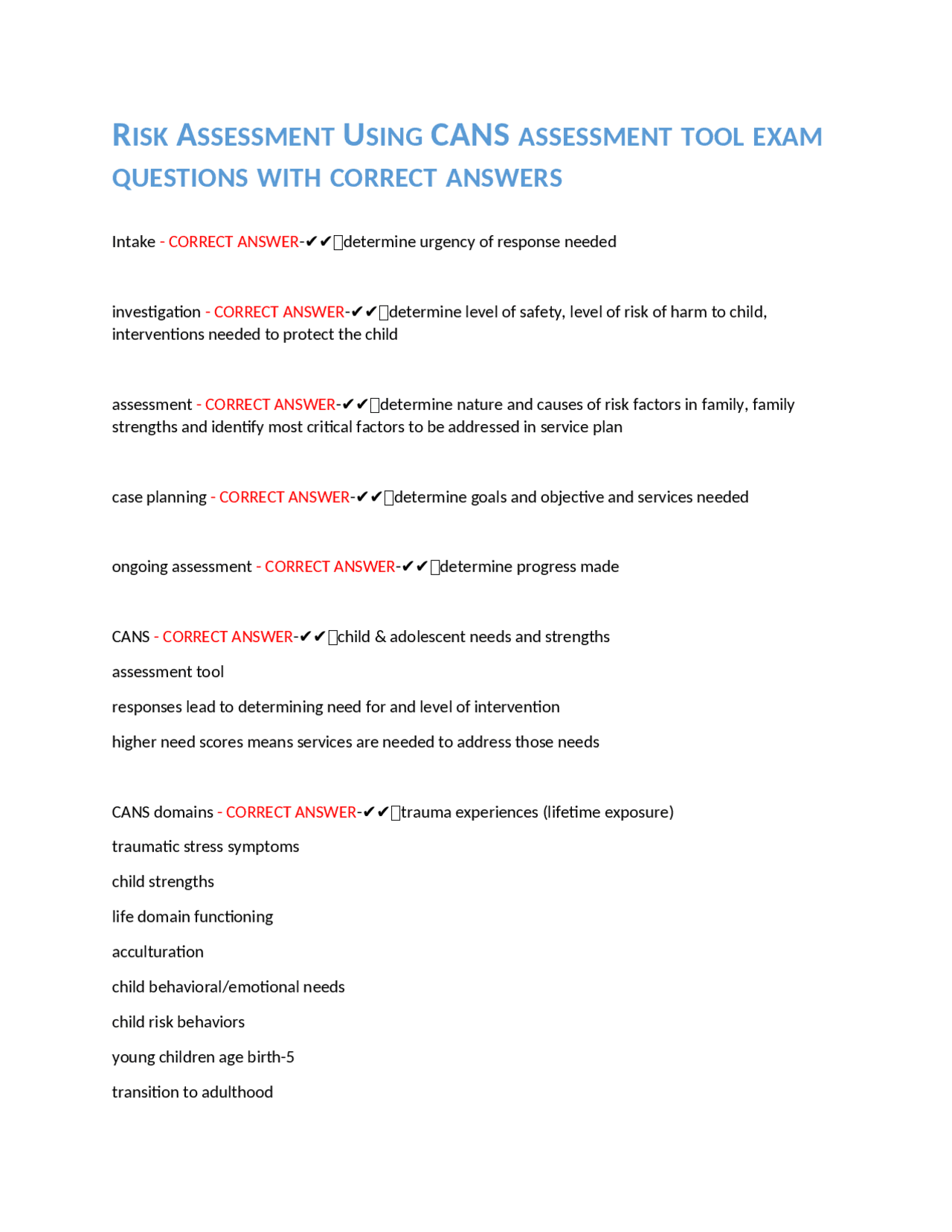 CANS Assessment Tool Exam Questions and Answers | Exams Health sciences ...