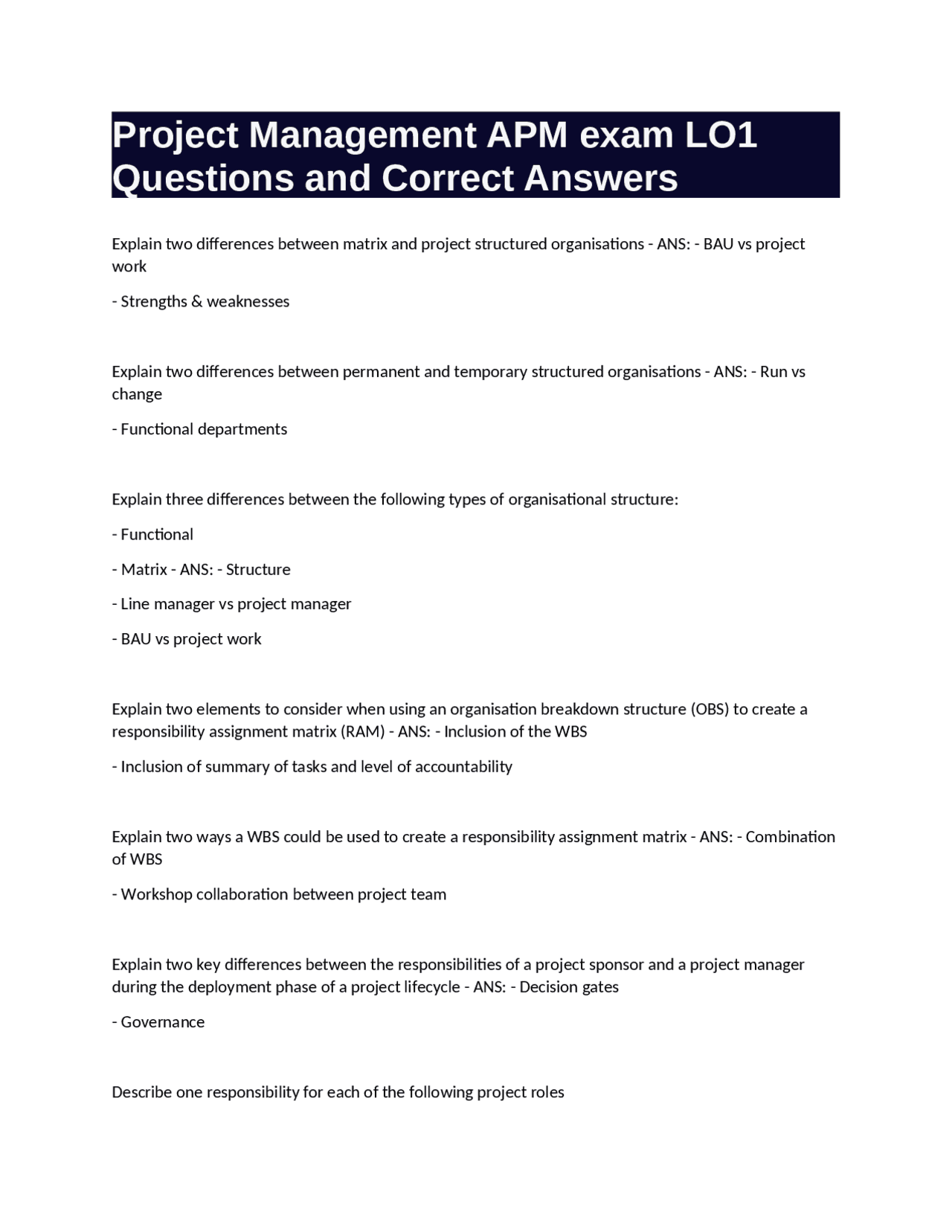 Project Management APM Exam LO1: Questions and Answers | Exams Nursing ...