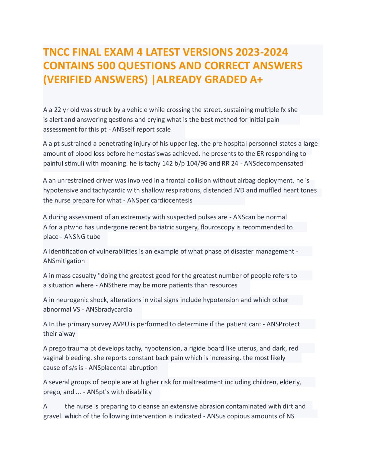 TNCC FINAL EXAM 4 LATEST VERSIONS 2023-2024 CONTAINS 500 QUESTIONS AND ...