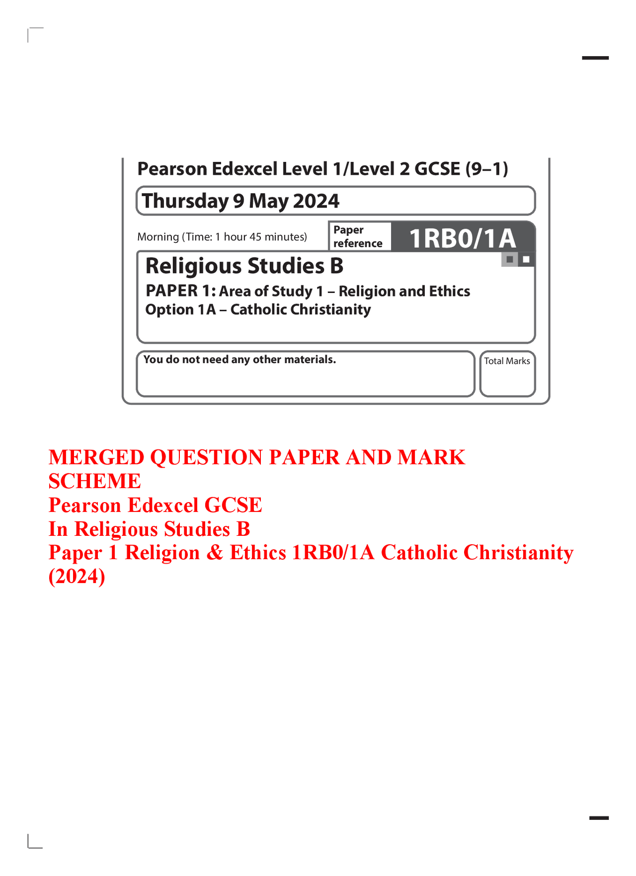 GCSE Religious Studies B: Catholic Christianity - Paper 1: Religion and ...