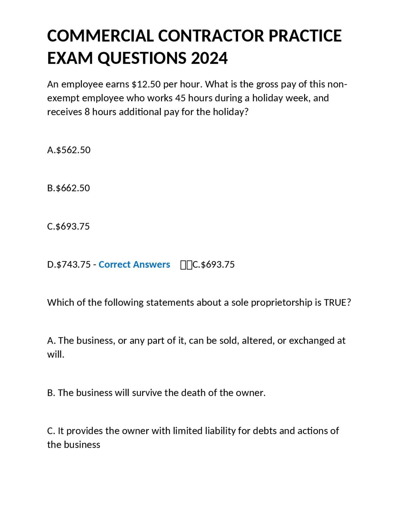 Commercial Contractor Practice Exam Questions 2024 | Exams Nursing ...