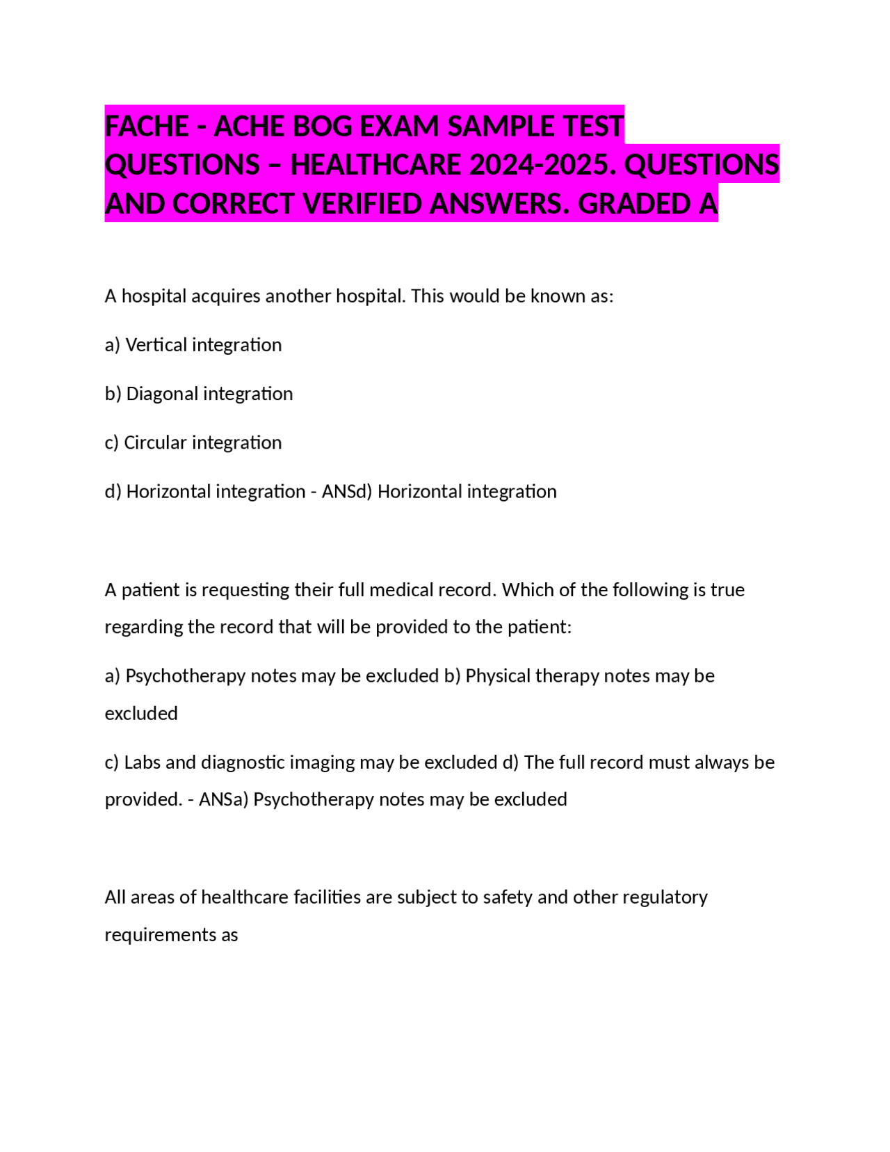 FACHE - ACHE BOG Exam Sample Test Questions - Healthcare 2024-2025 ...