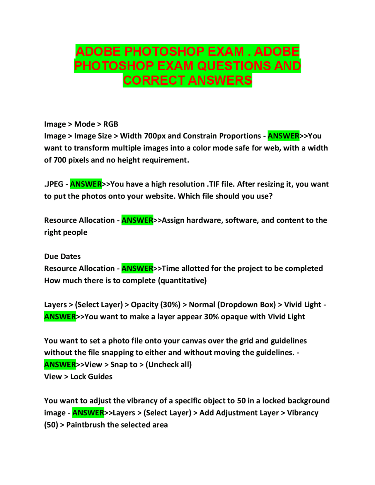 ADOBE PHOTOSHOP EXAM . ADOBE PHOTOSHOP EXAM QUESTIONS AND CORRECT ...