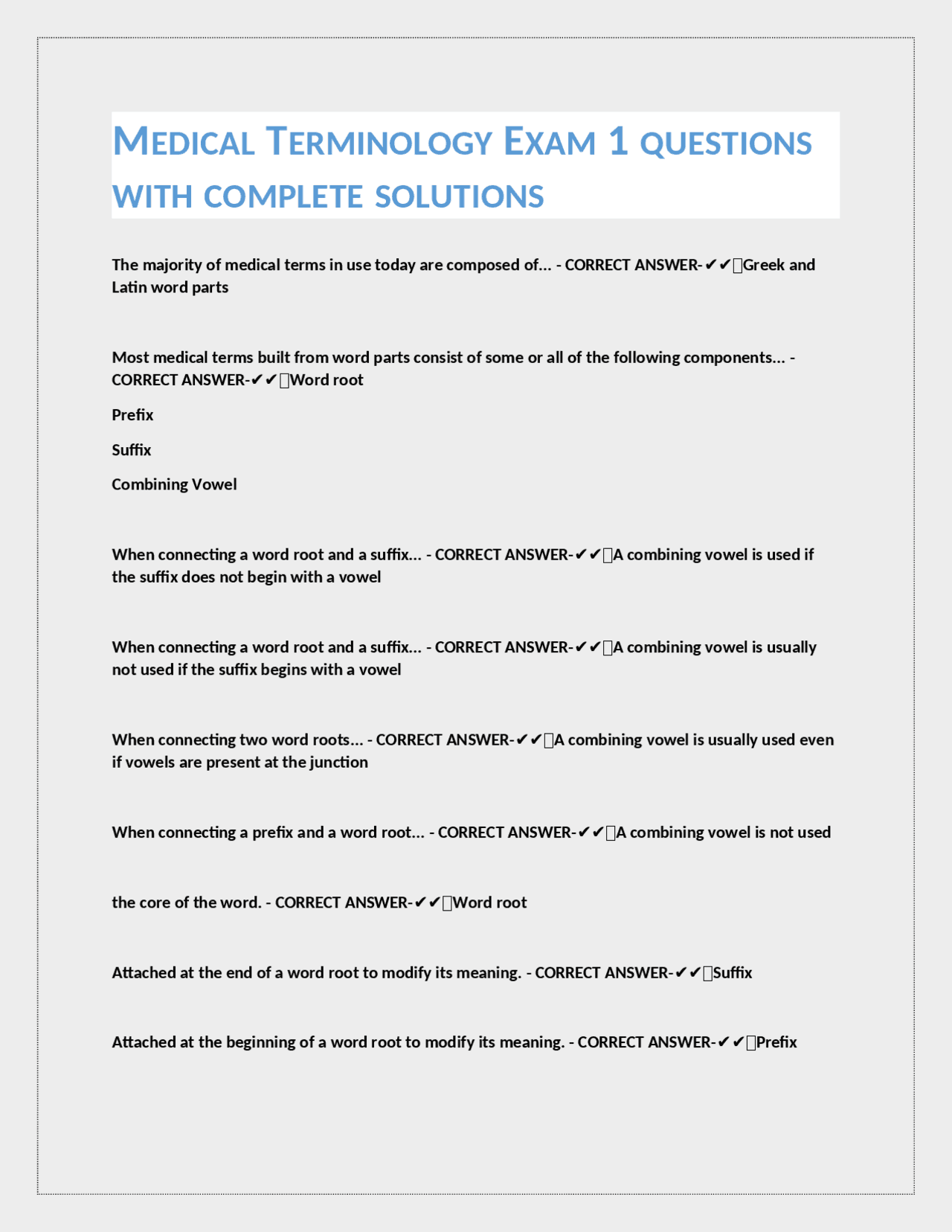 Medical Terminology Exam 1 Questions and Answers | Exams Medical ...