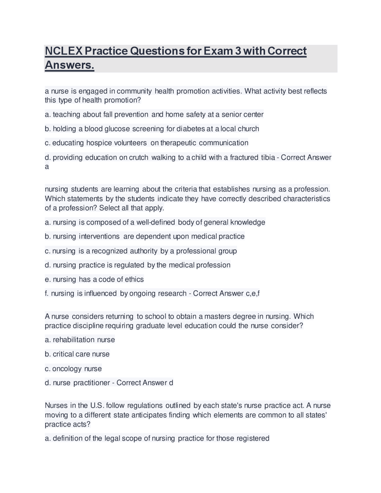 NCLEX Practice Questions for Exam 3 with Correct Answers. | Exams ...