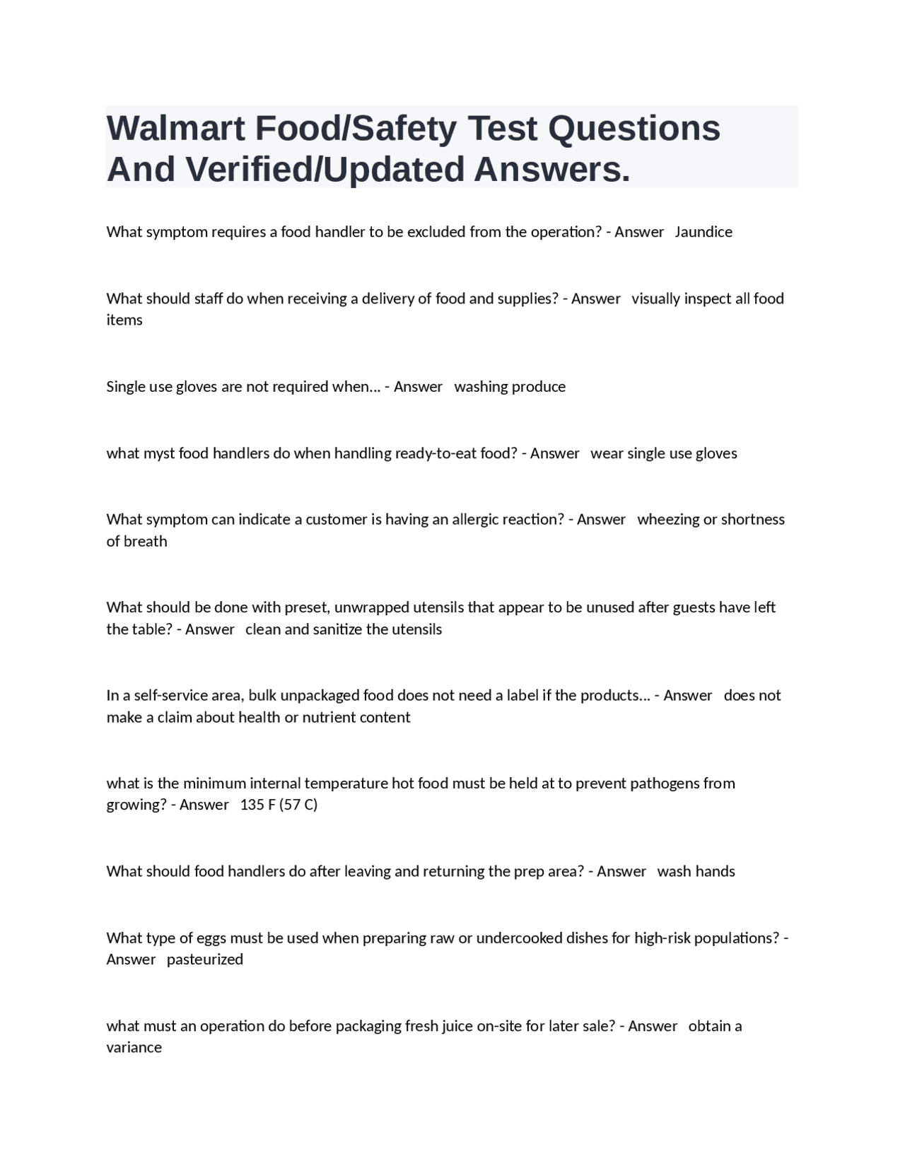 Walmart Food/Safety Test Questions And Verified/Updated Answers ...