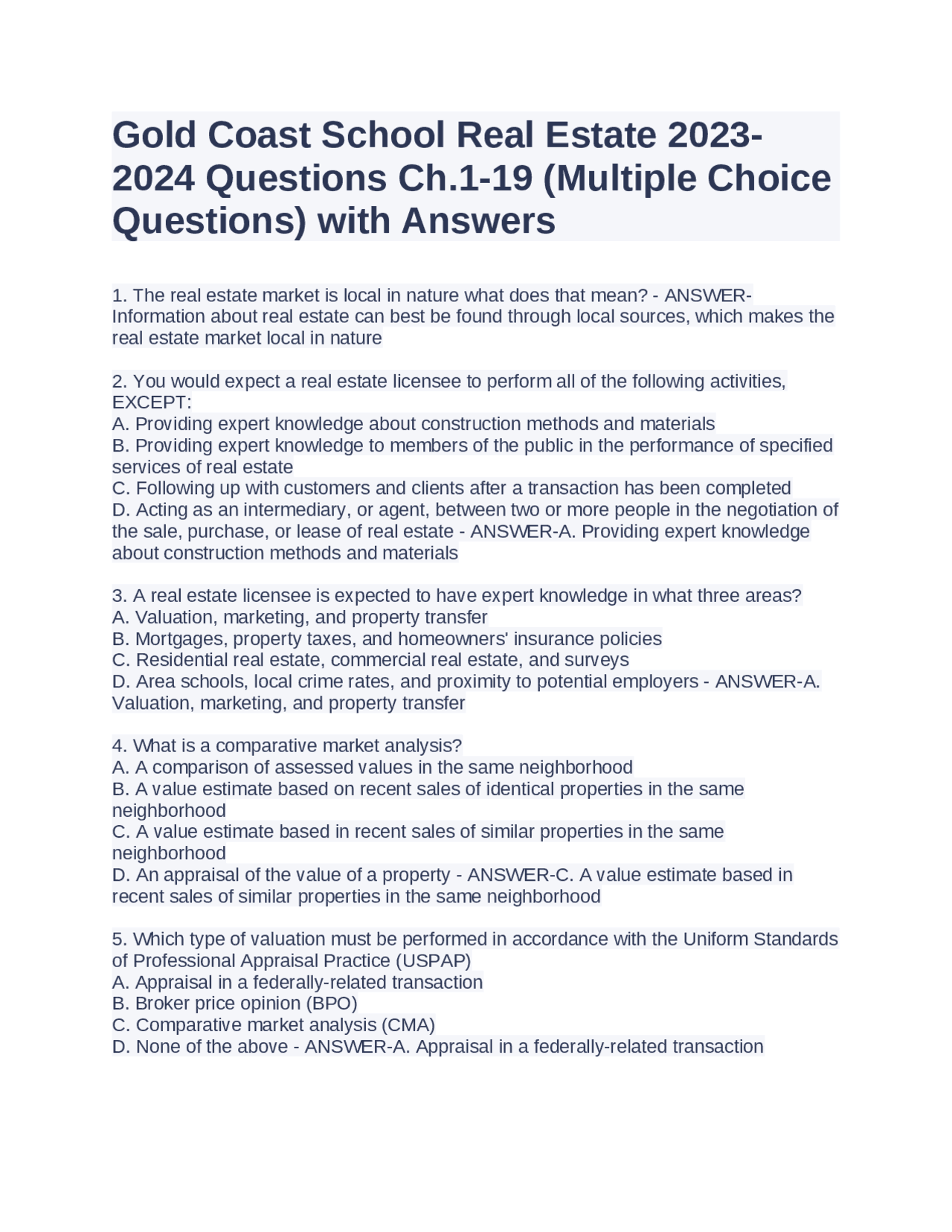 Real Estate Market Fundamentals: Multiple Choice Questions and Answers ...