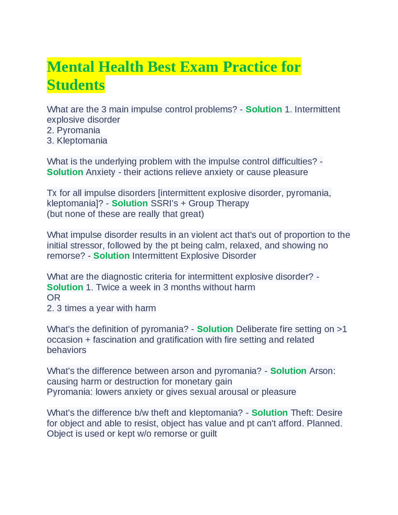 Mental Health Best Exam Practice for Students | Exams Nursing | Docsity