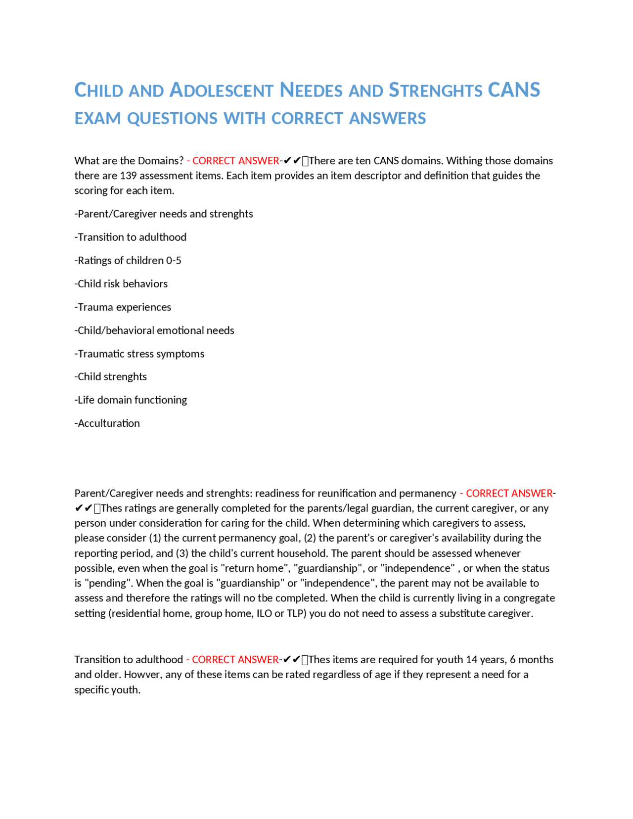 CANS Assessment Tool: Exam Questions and Answers | Exams Health ...