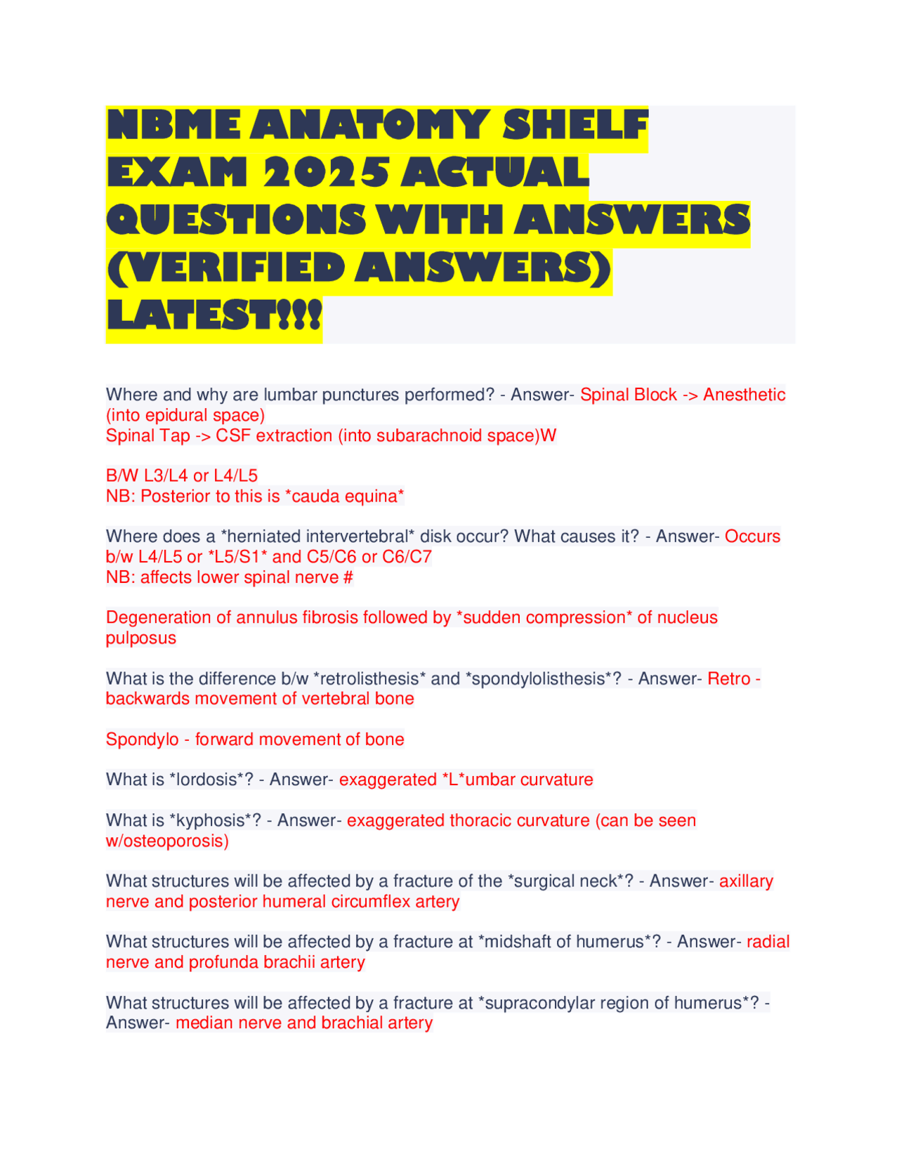 Anatomy Shelf Exam Questions and Answers | Exams Nursing | Docsity
