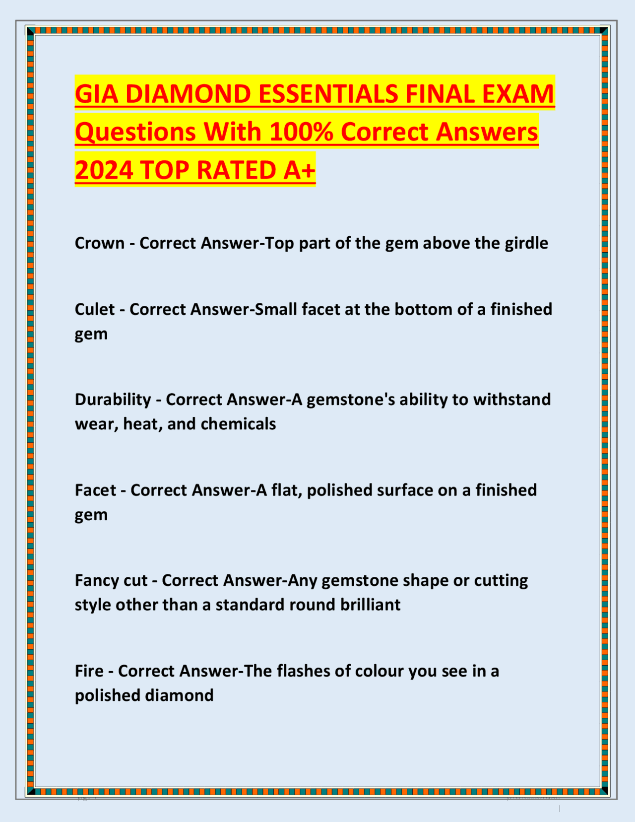 GIA DIAMOND ESSENTIALS FINAL EXAM Questions With 100% Correct Answers ...