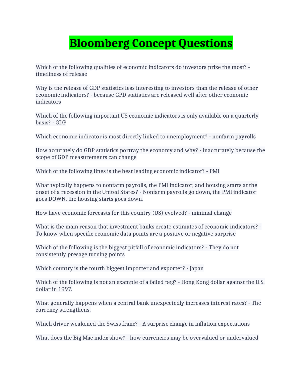 Bloomberg Concept Questions: Finance and Economics | Exams Advanced ...