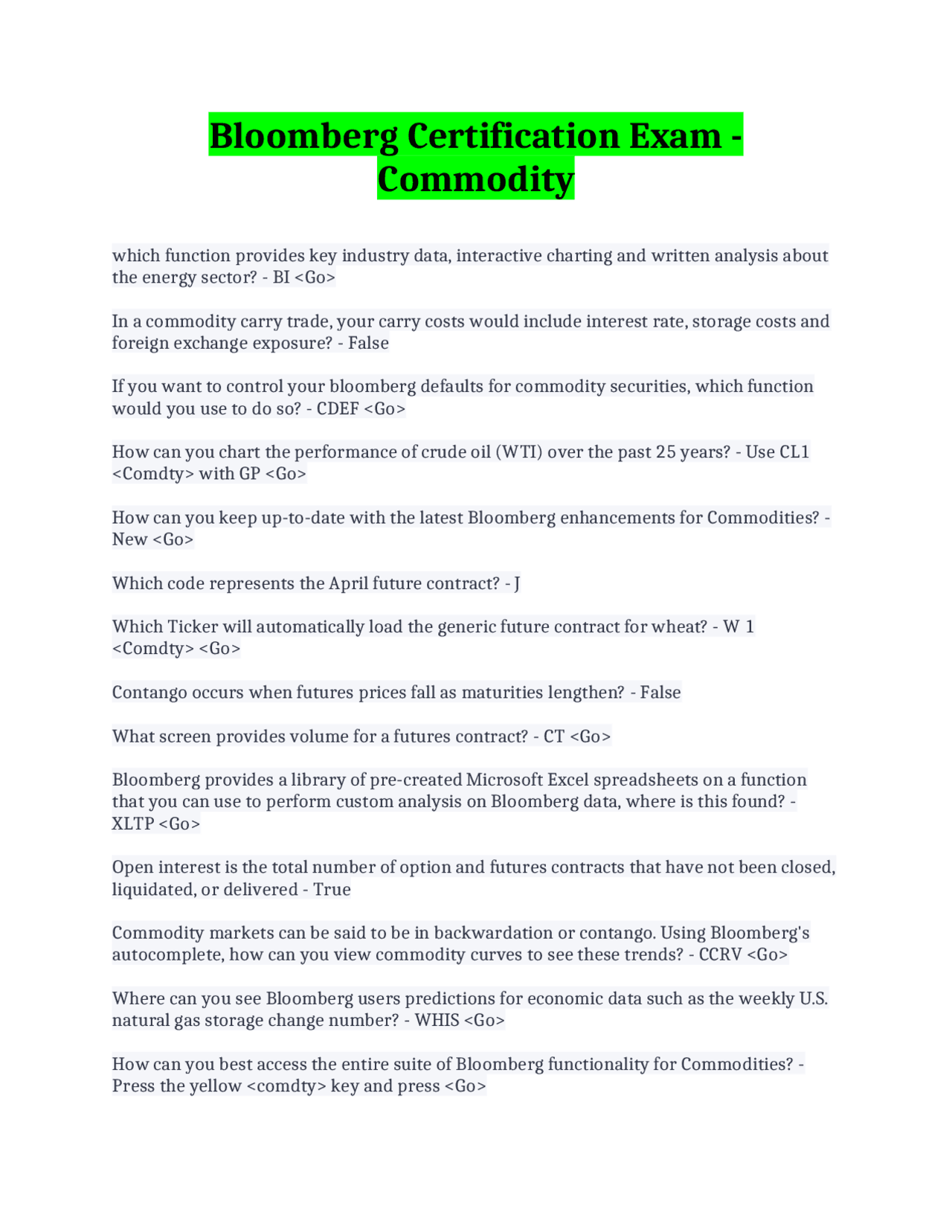 Bloomberg Certification Exam - Commodity Exam | Exams Advanced ...