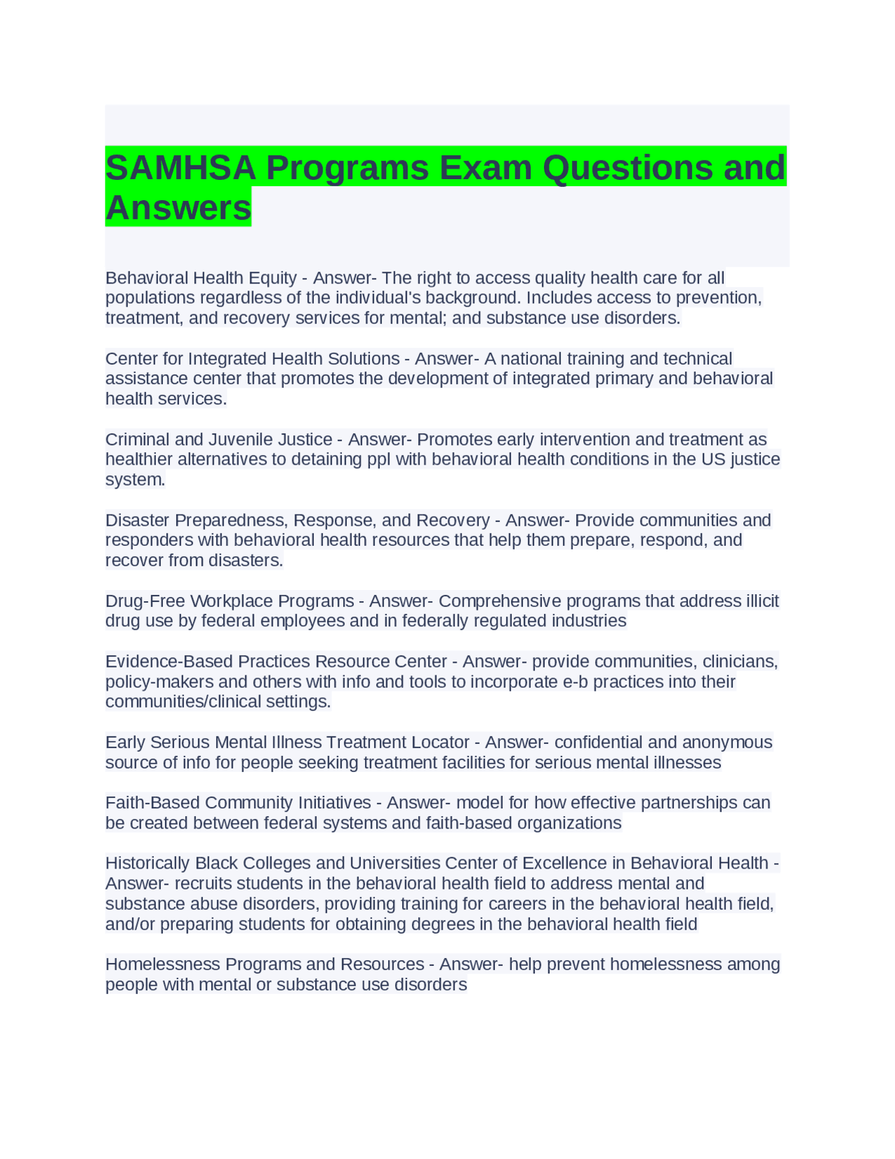 SAMHSA Programs Exam: Behavioral Health, Integrated Solutions | Exams ...