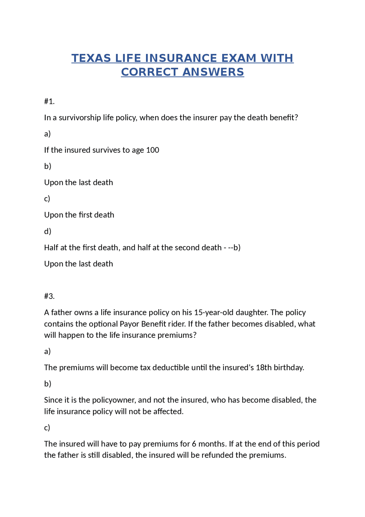 Texas Life Insurance Exam with Correct Answers | Exams Advanced ...