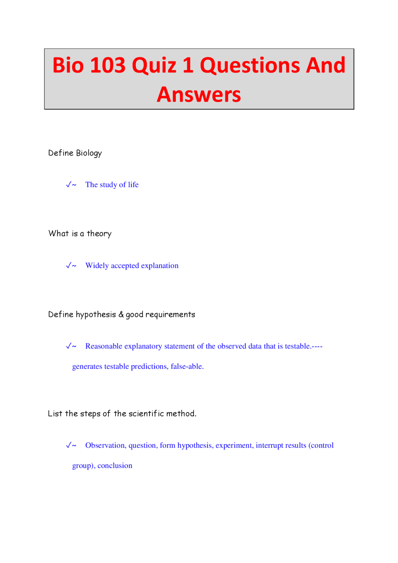 Bio 103 Quiz 1: Introduction to Biology - Questions and Answers | Exams ...
