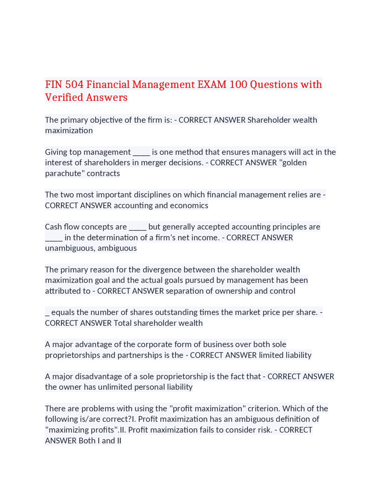 FIN 504 Financial Management Exam 100 Questions with Verified Answers ...