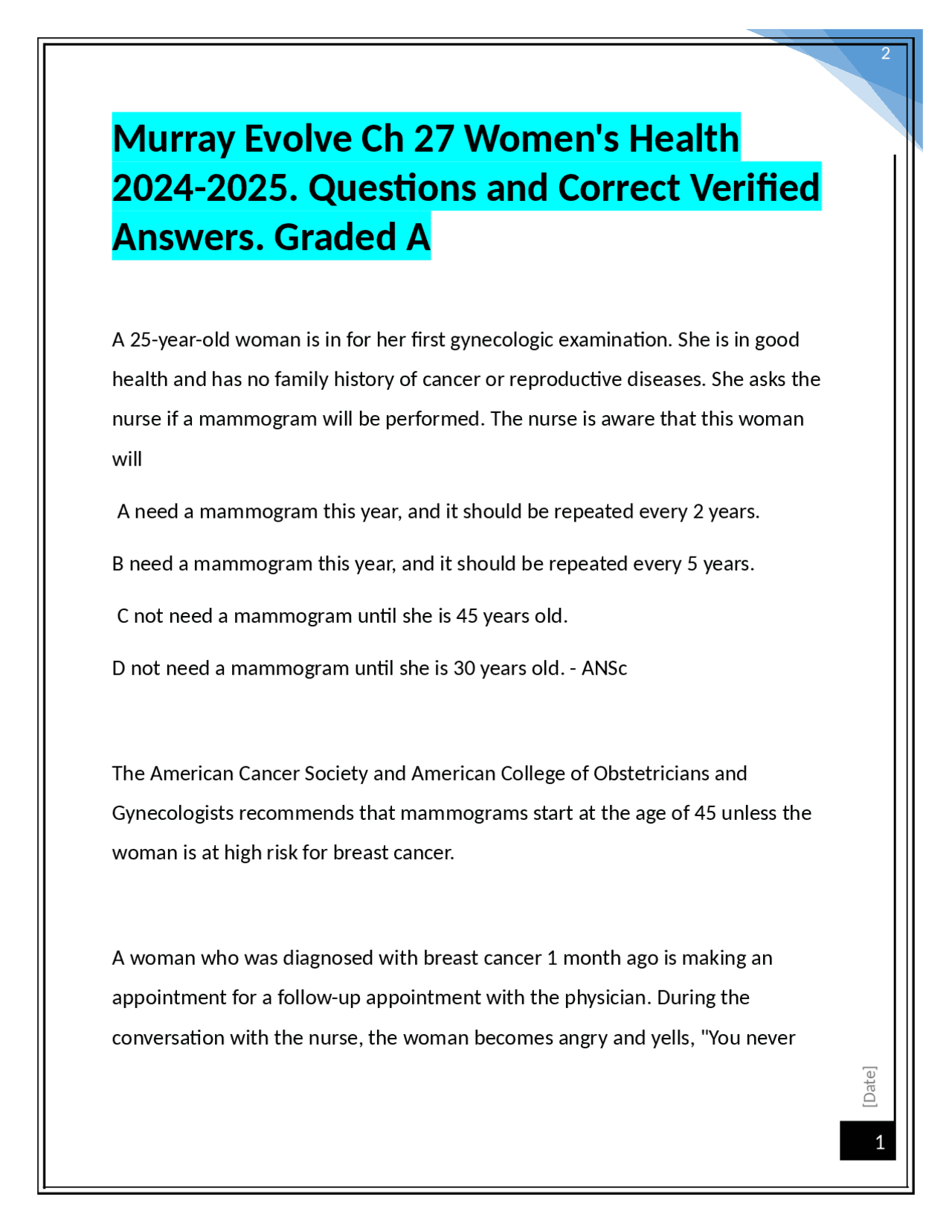 Women's Health: Multiple Choice Questions and Answers | Exams Health ...
