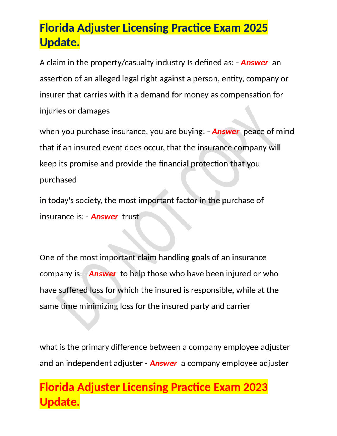 Florida Adjuster Licensing Practice Exam 2025 Update. | Exams Nursing ...