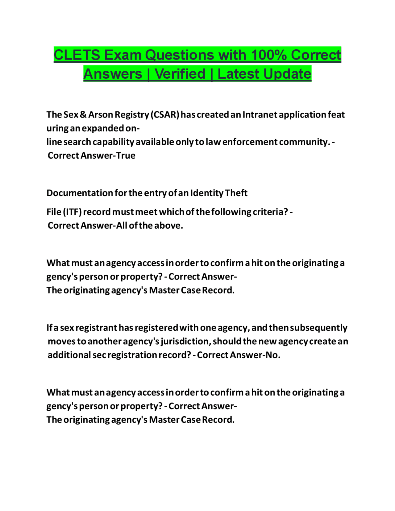 CLETS Exam Questions and Answers: A Guide to Law Enforcement Systems in ...