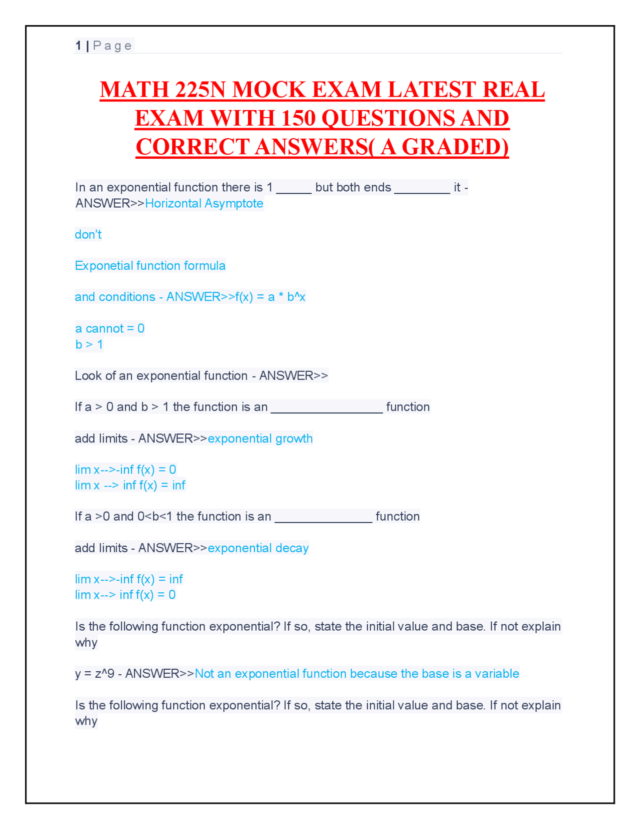 MATH 225N Mock Exam: Exponential and Logarithmic Functions | Exams ...