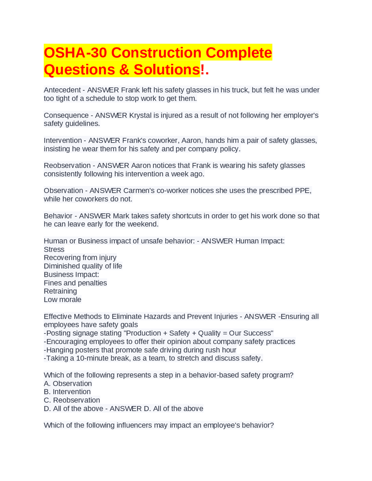 OSHA-30 Construction Complete Questions & Solutions!. | Exams Nursing ...
