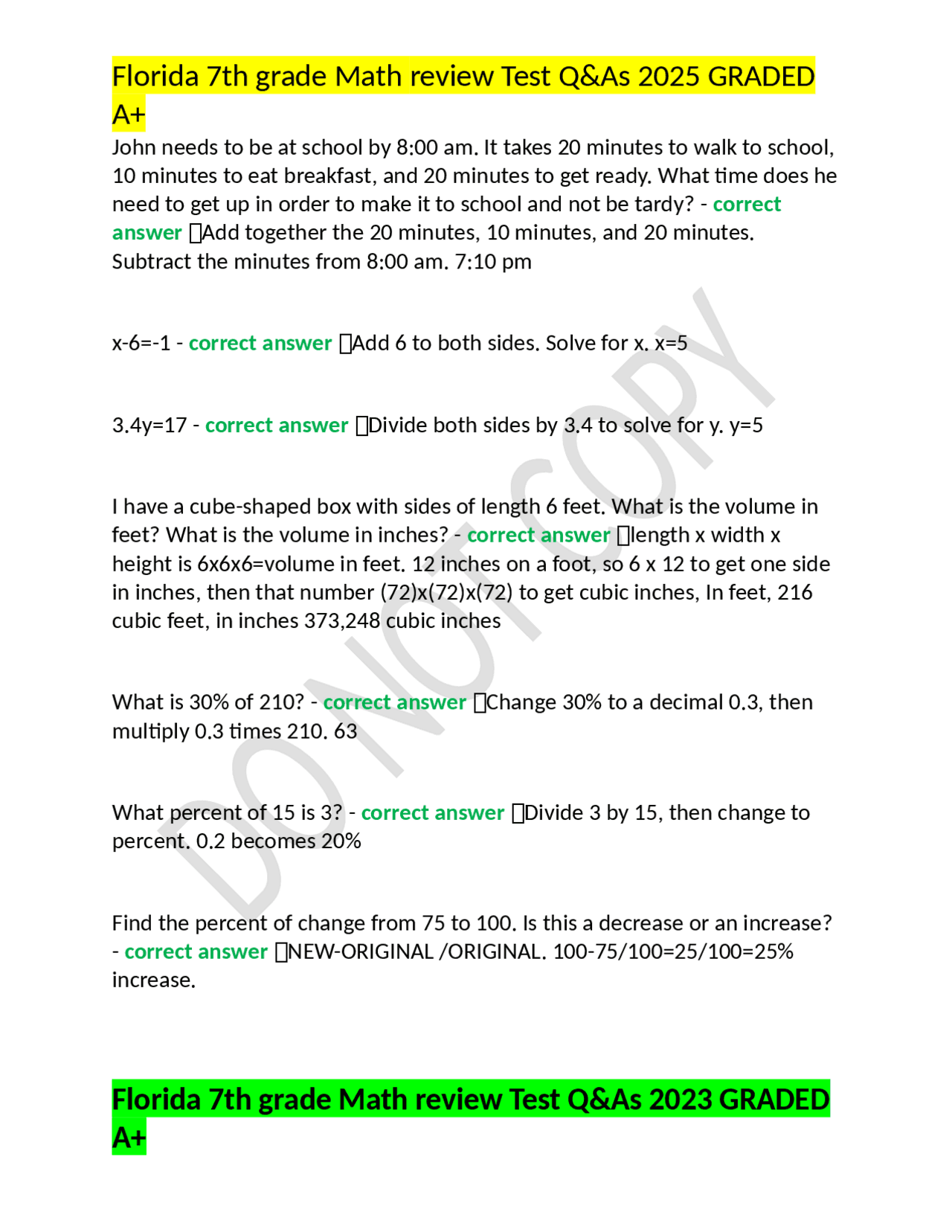 Florida 7th Grade Math Review Test: Questions and Answers | Exams ...