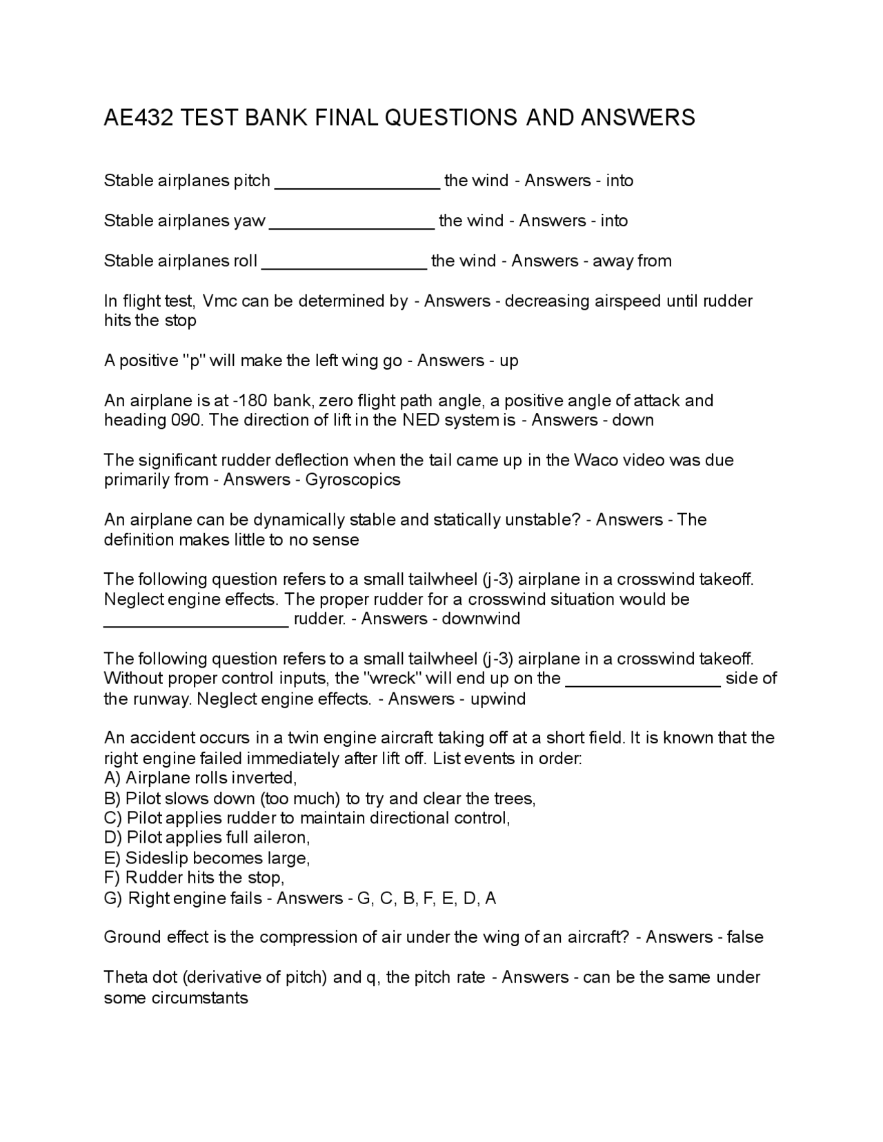 Aircraft Stability and Control: Exercises and Questions | Exams Social ...