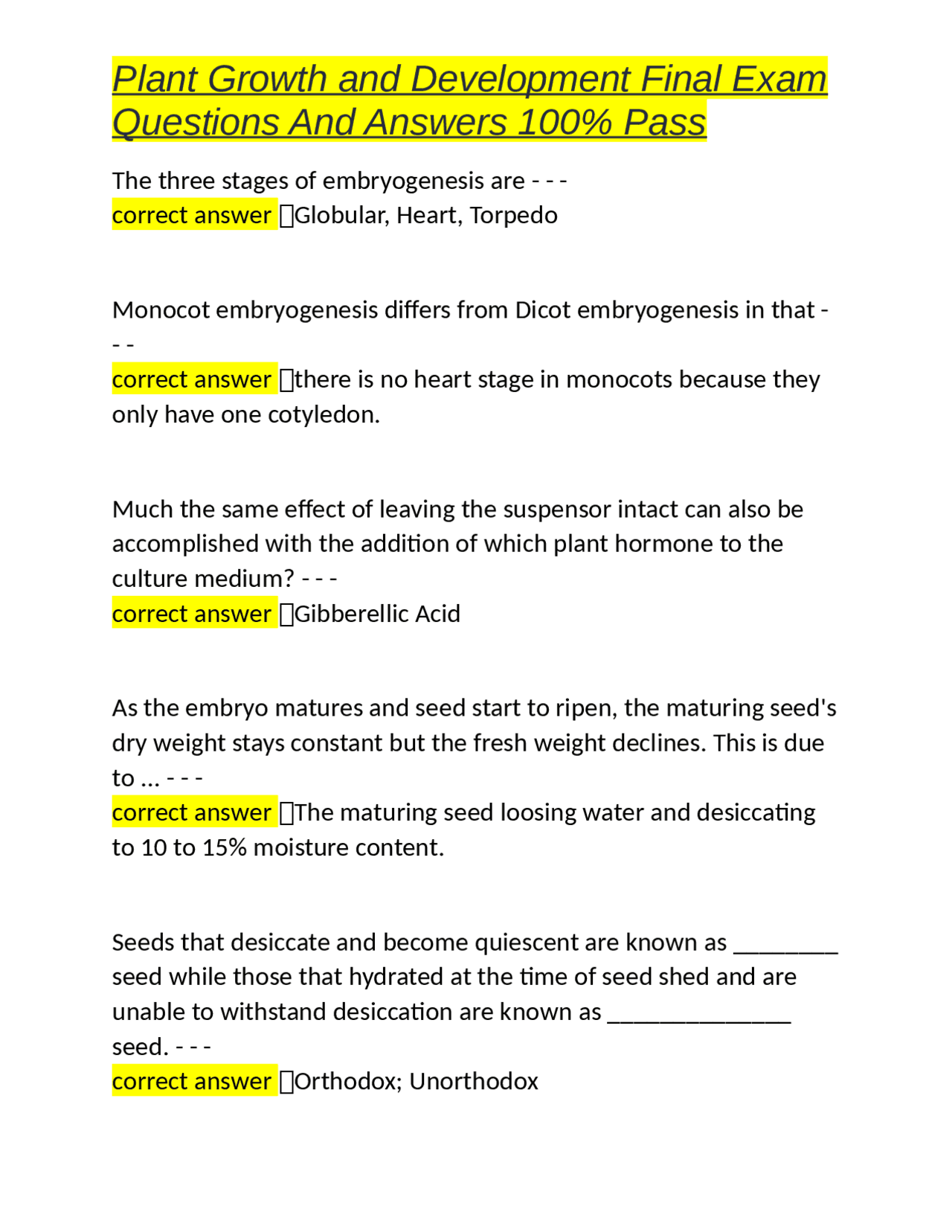 Plant Growth and Development Final Exam: Questions and Answers | Exams ...