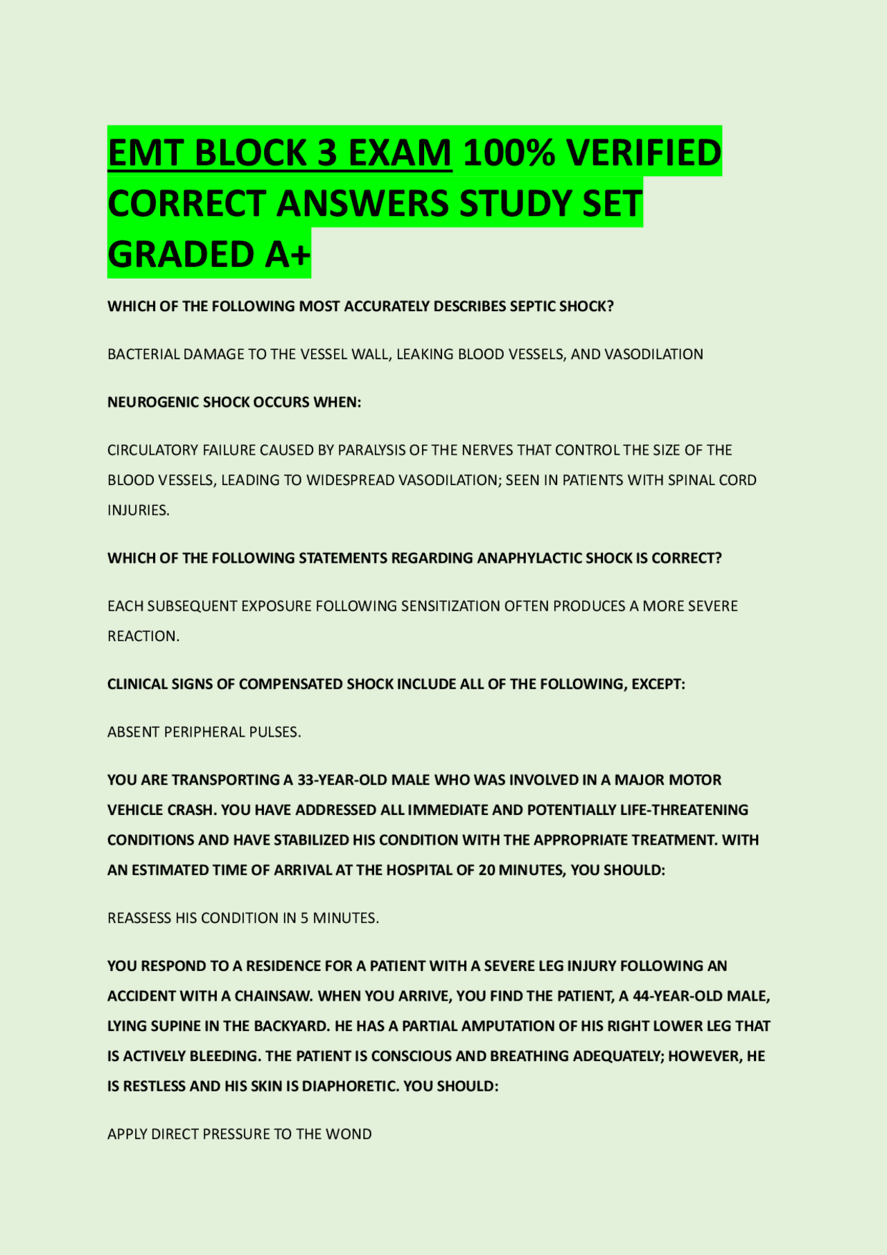 EMT BLOCK 3 EXAM 100% VERIFIED CORRECT ANSWERS STUDY SET GRADED A+ ...