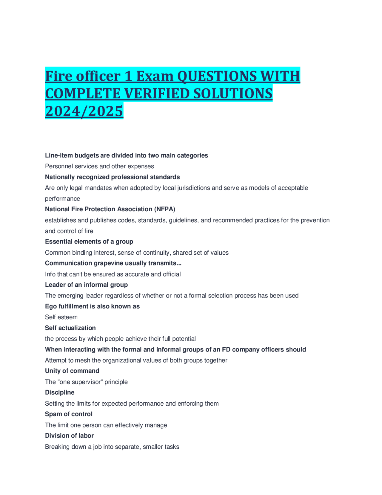 Fire Officer 1 Exam Questions and Answers: 2024/2025 | Exams Safety and Fire Engineering | Docsity