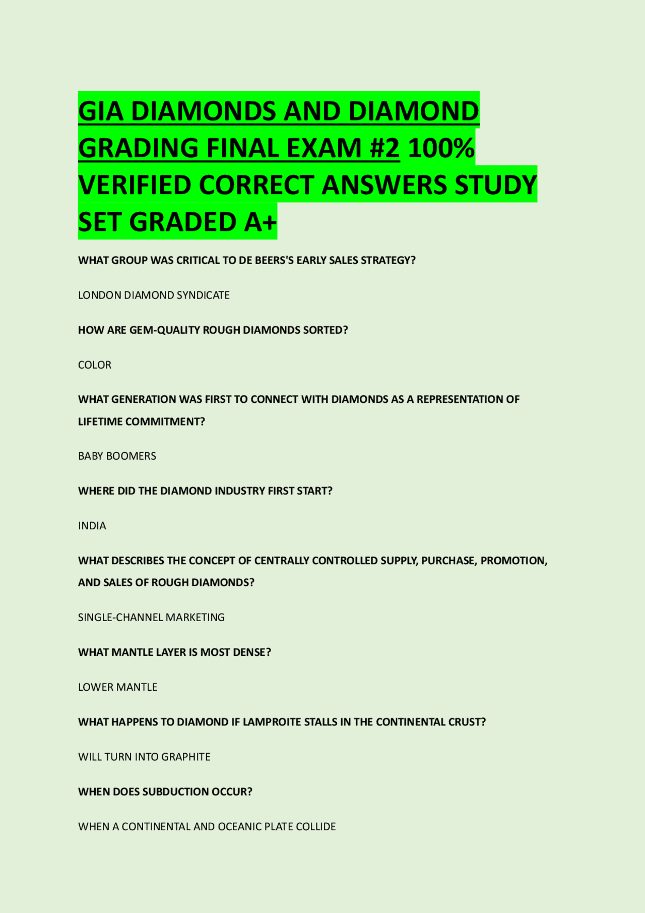 GIA DIAMONDS AND DIAMOND GRADING FINAL EXAM #2 100% VERIFIED CORRECT ...