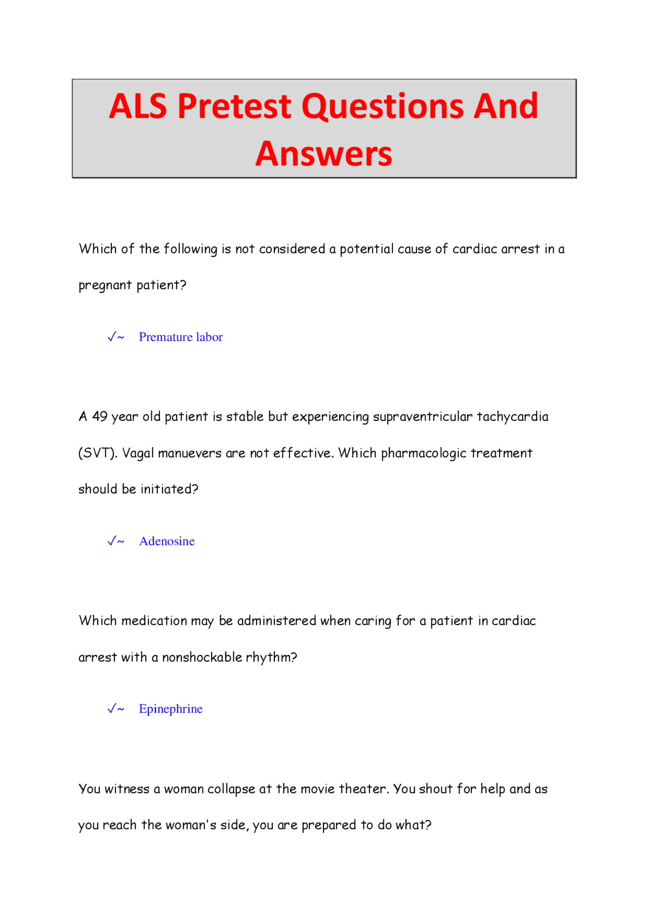 ALS Pretest Questions and Answers: Cardiac Arrest and Related ...