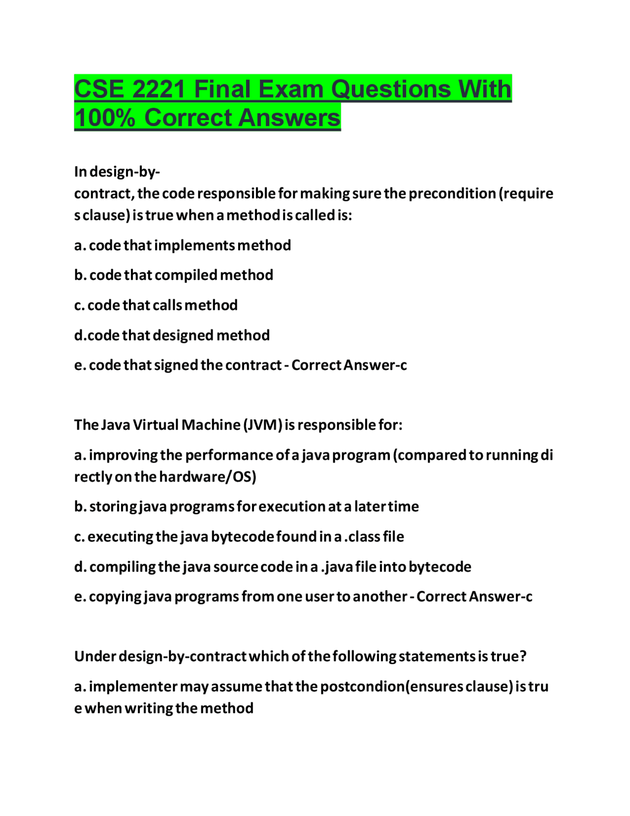 CSE 2221 Final Exam Questions With 100% Correct Answers | Exams Advanced Education | Docsity