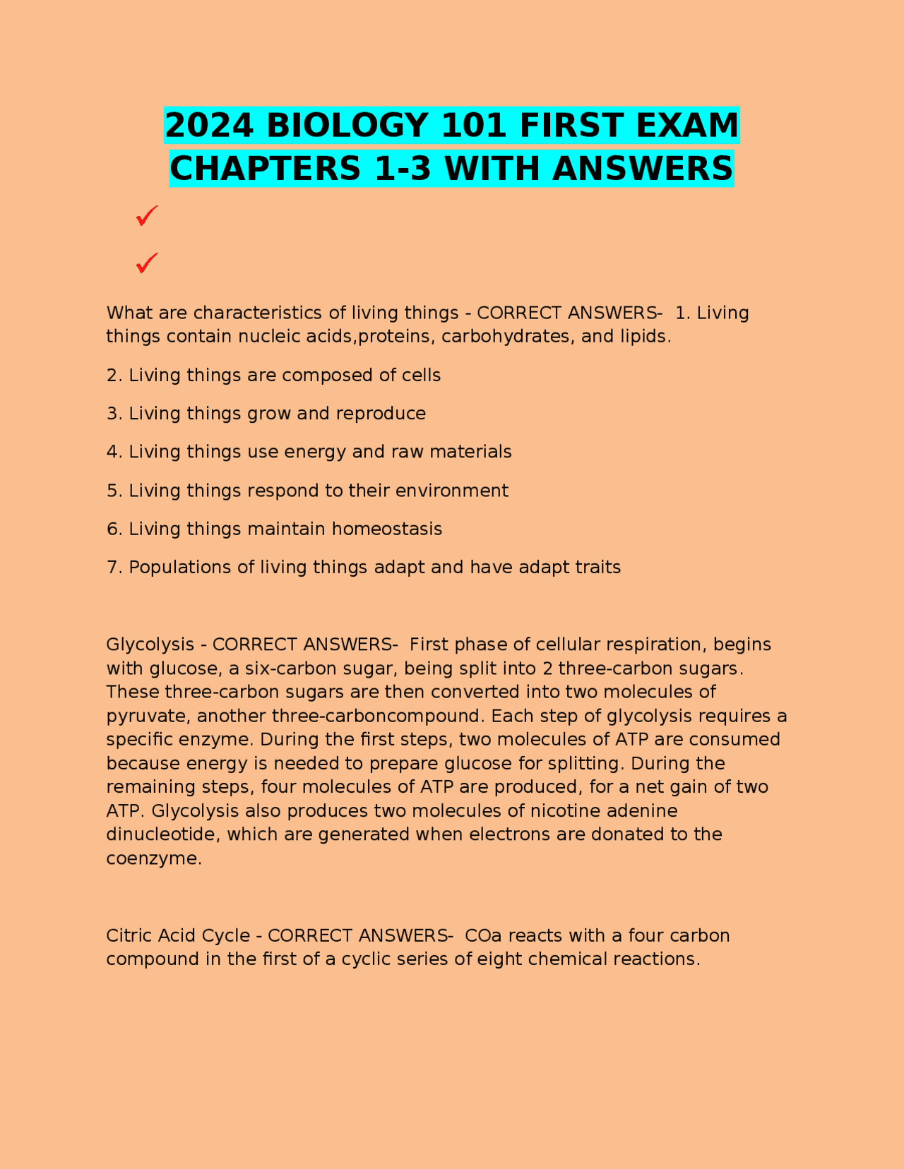 Biology 101 First Exam: Chapters 1-3 with Answers | Exams Advanced ...