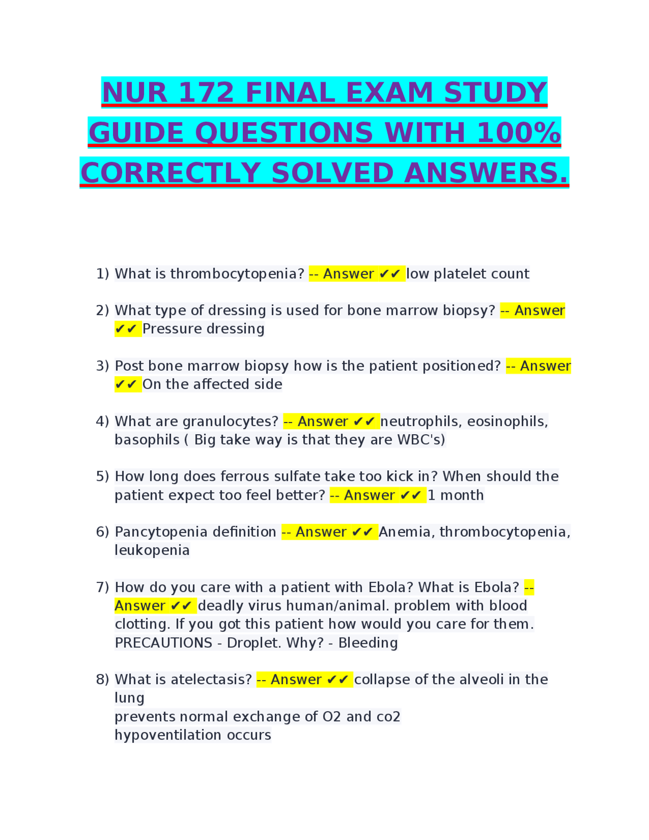NUR 172 FINAL EXAM STUDY GUIDE QUESTIONS WITH 100% CORRECTLY SOLVED ...