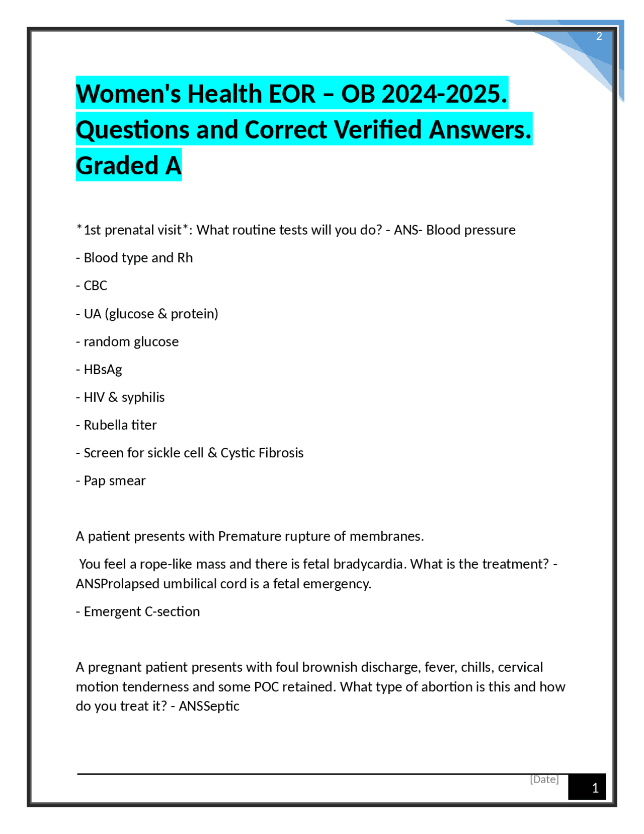 Women's Health EOR - OB 2024-2025: Questions and Answers | Exams Health ...