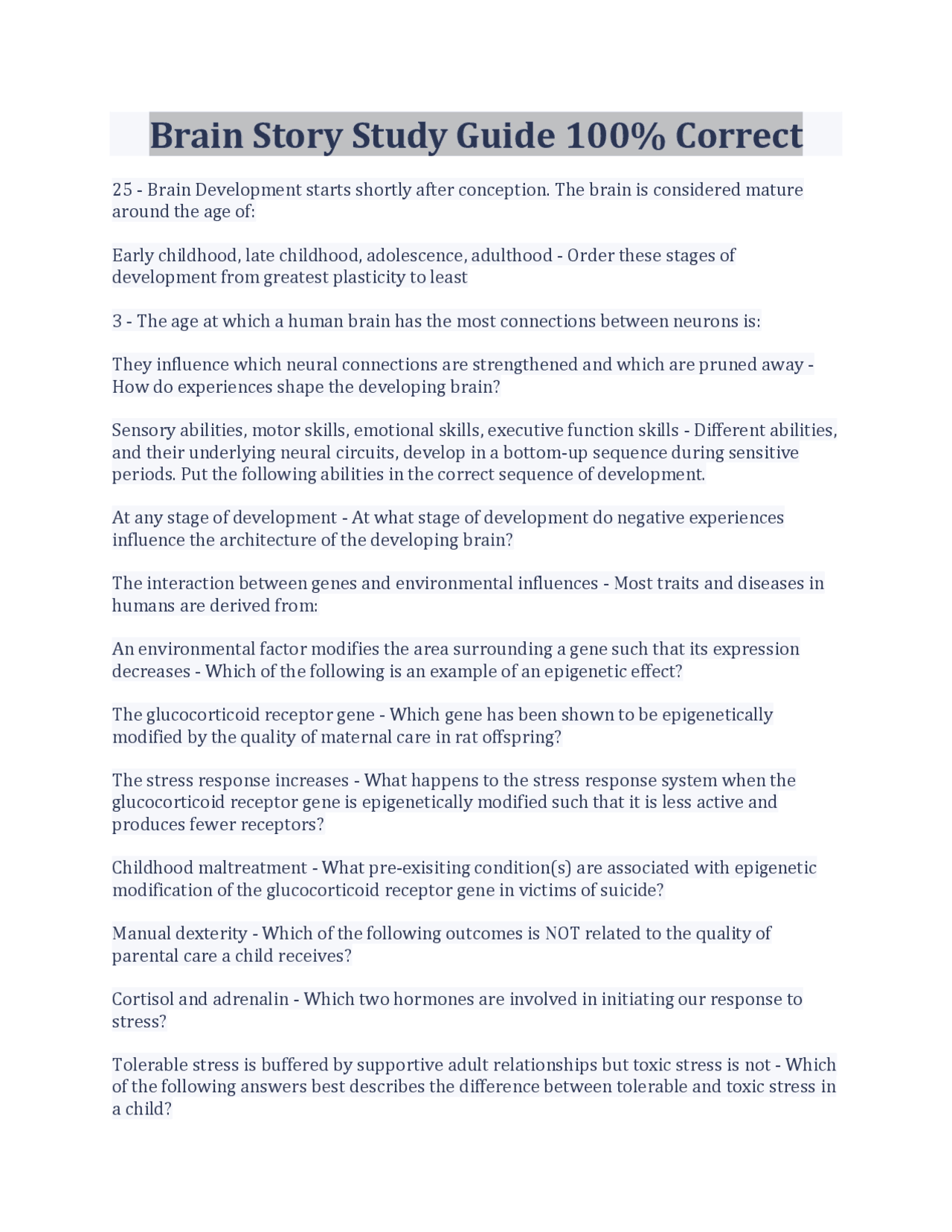 Brain Development and Stress: A Study Guide | Exams Health sciences ...