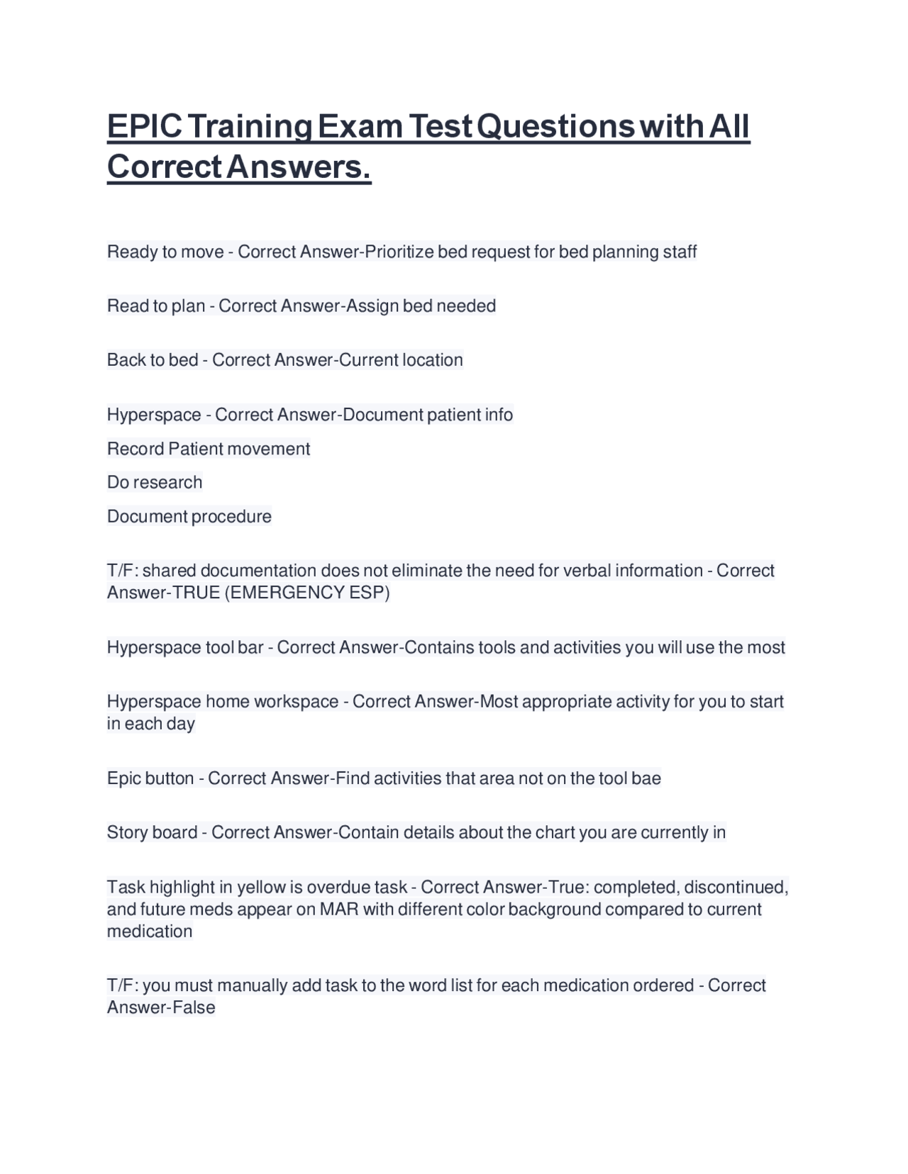 EPIC Training Exam Test Questions with All Correct Answers. | Exams ...