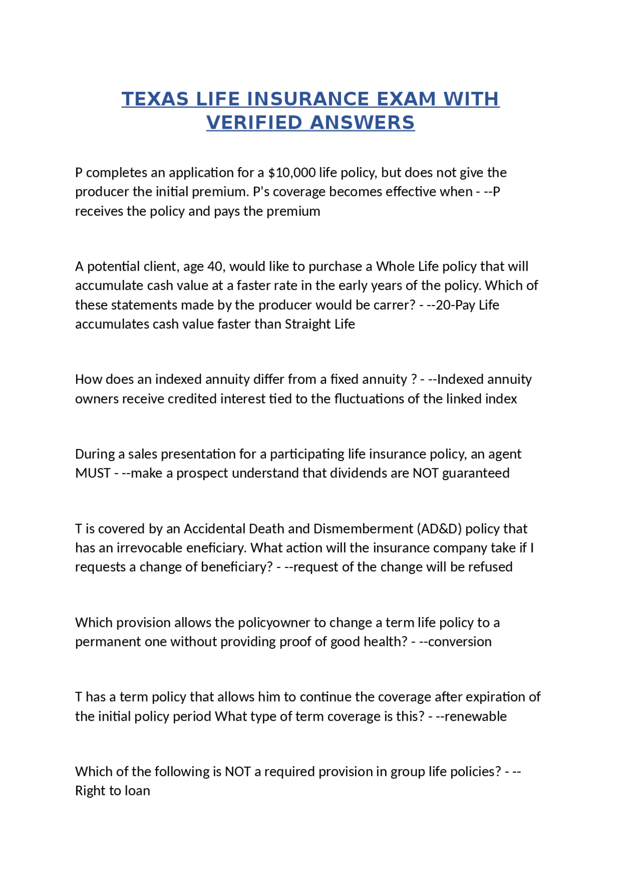 Texas Life Insurance Exam with Verified Answers | Exams Advanced ...