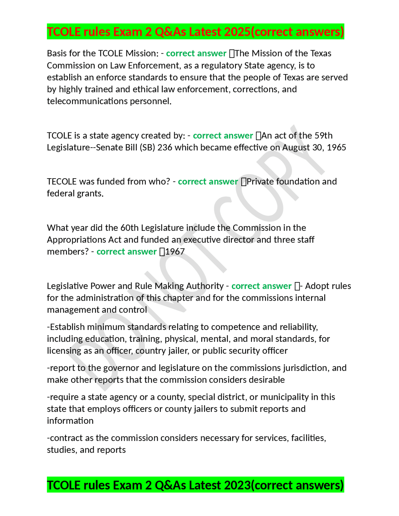 TCOLE Rules Exam 2 Q&As: Latest 2025 (Correct Answers) | Exams Nursing ...