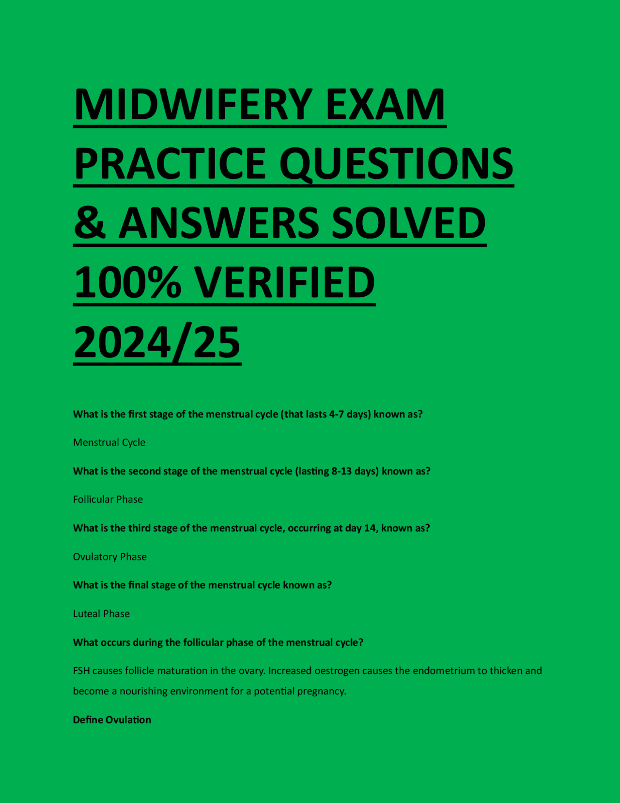 MIDWIFERY EXAM PRACTICE QUESTIONS & ANSWERS SOLVED 100% VERIFIED 2024/ ...