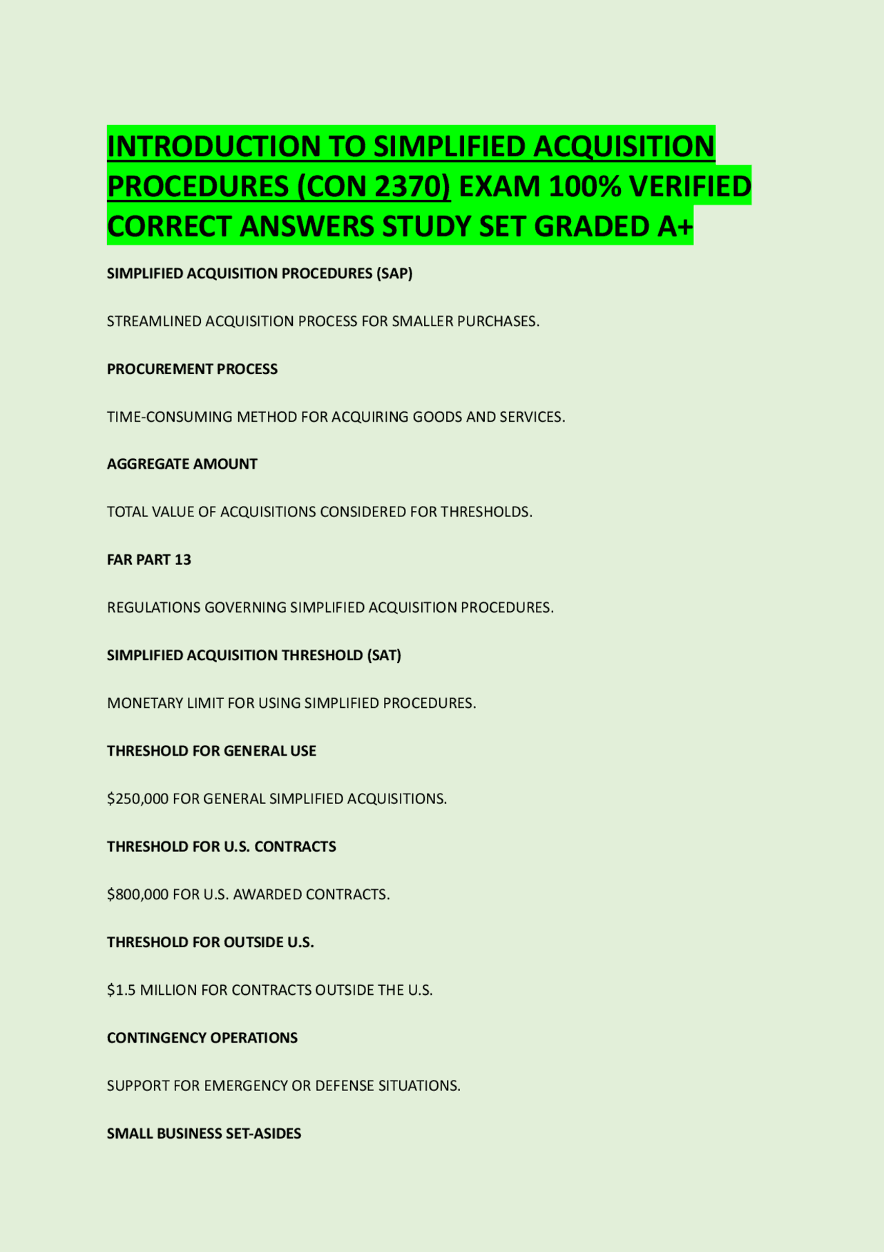 INTRODUCTION TO SIMPLIFIED ACQUISITION PROCEDURES (CON 2370) EXAM 100% ...