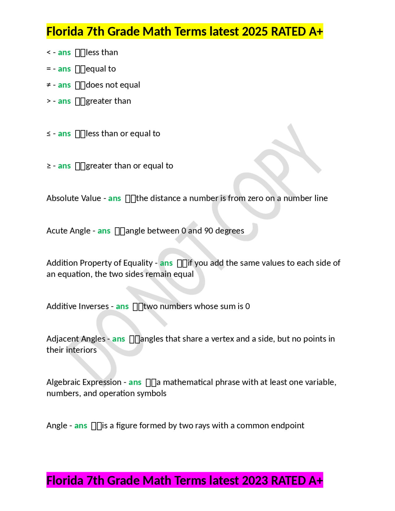 Florida 7th Grade Math Terms: Glossary and Definitions | Exams Nursing | Docsity