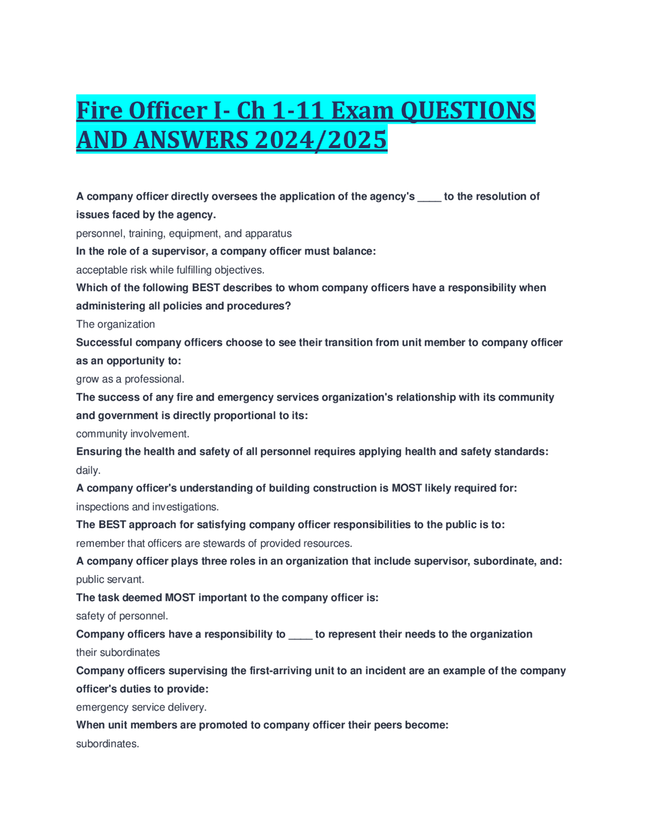 Fire Officer I Exam Questions and Answers: Chapters 1-11 | Exams Safety and Fire Engineering ...