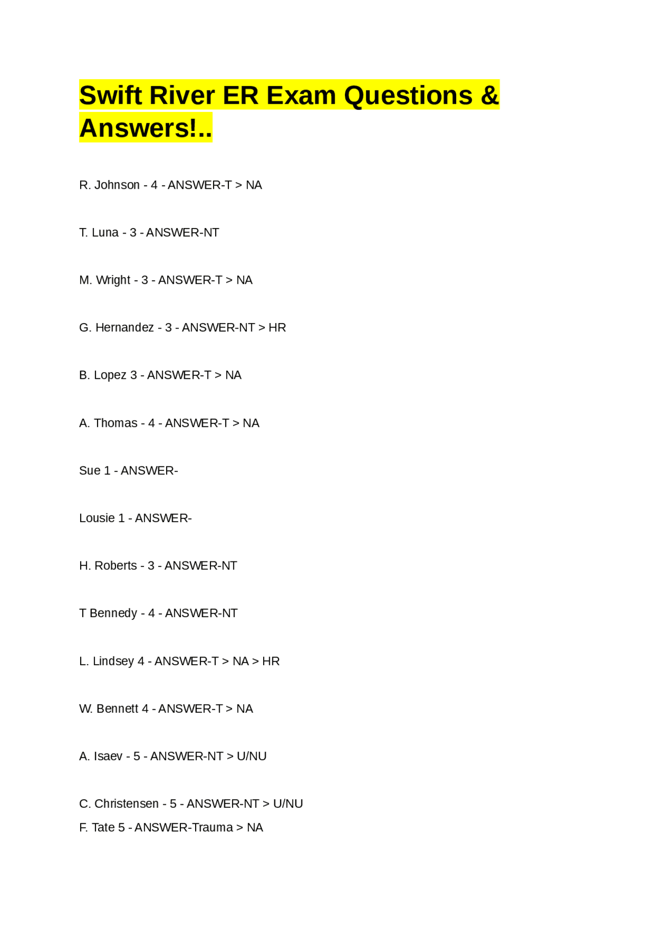 Swift River ER Exam Questions and Answers | Exams Nursing | Docsity