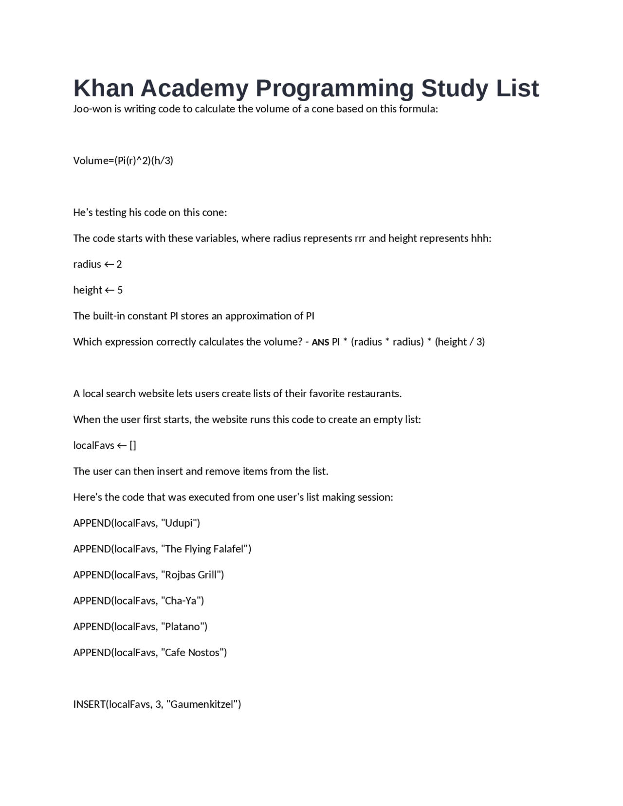 Khan Academy Programming Study List | Exams Computer Science | Docsity