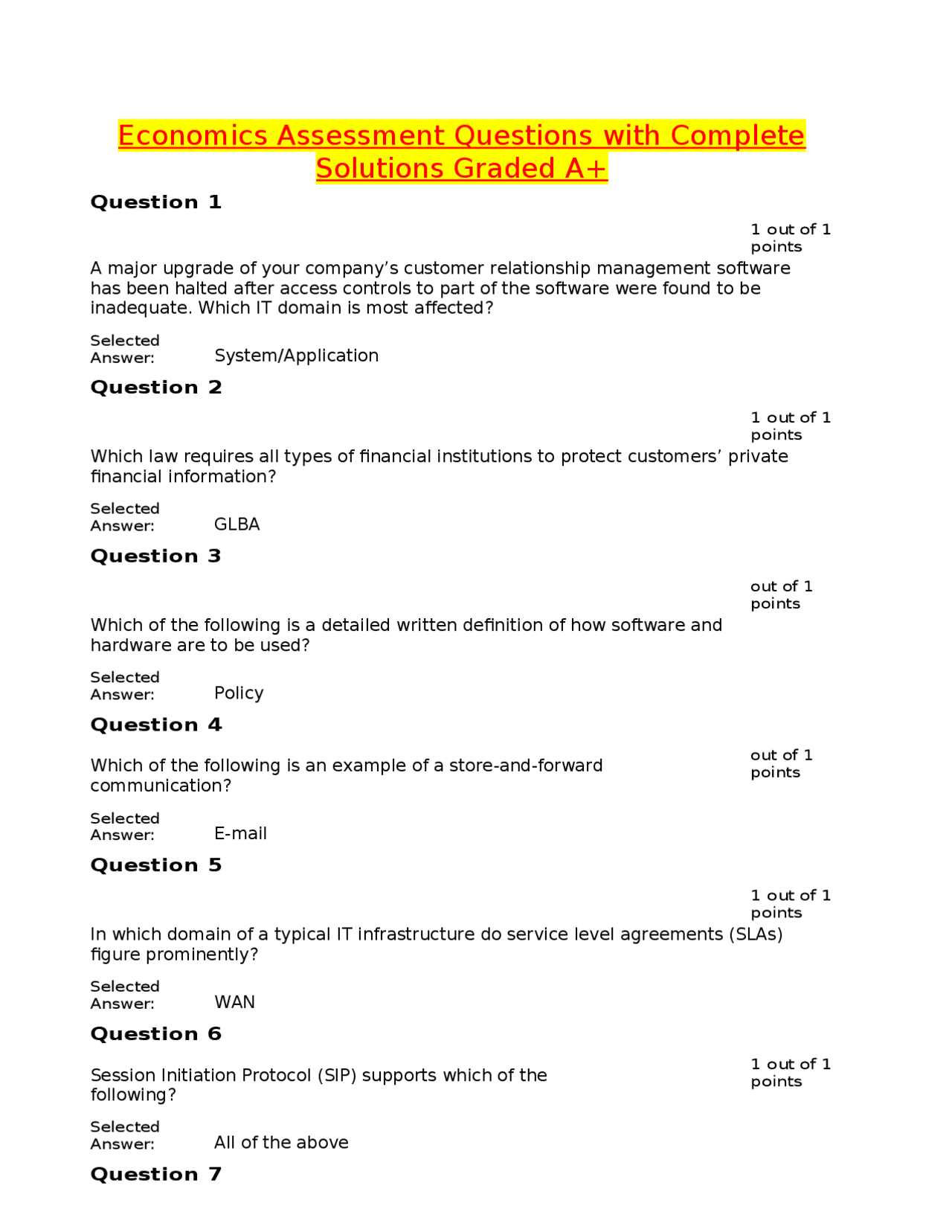 Economics Assessment Questions with Complete Solutions Graded A+ ...